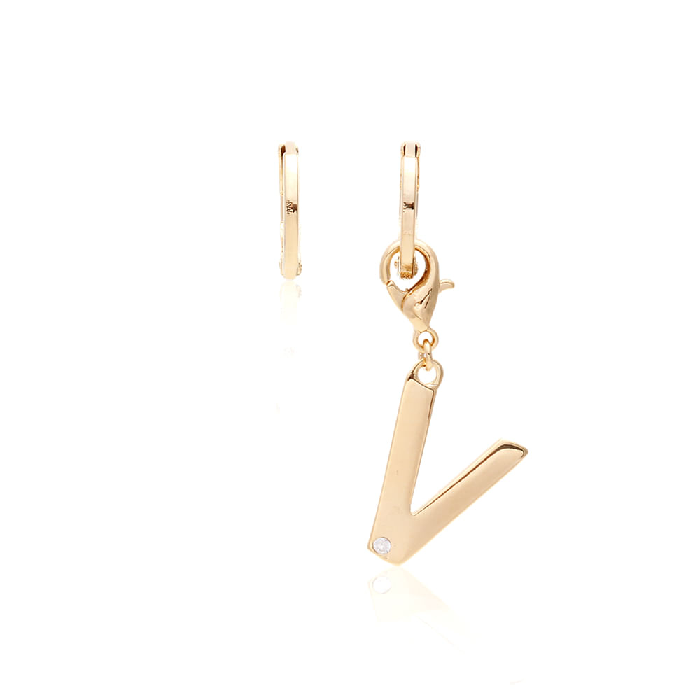 Brinco zirconia branca argola letra v (promoção 50%)