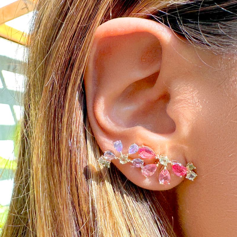 Brinco ear cuff flores gotas cristal turmalina rosa banho de ouro 18k