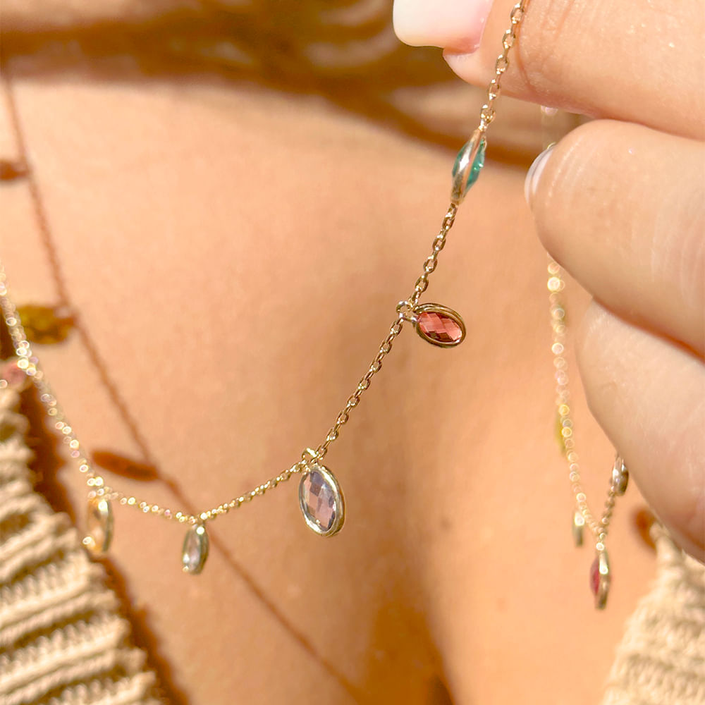 Colar ovais cristal peridoto 80 cm banho de ouro 18k