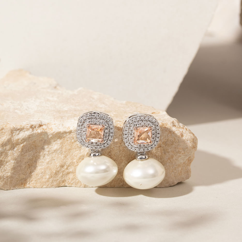 Brinco Cristal Morganita com Almofada Cravejada de Zircônias Brancas e ...